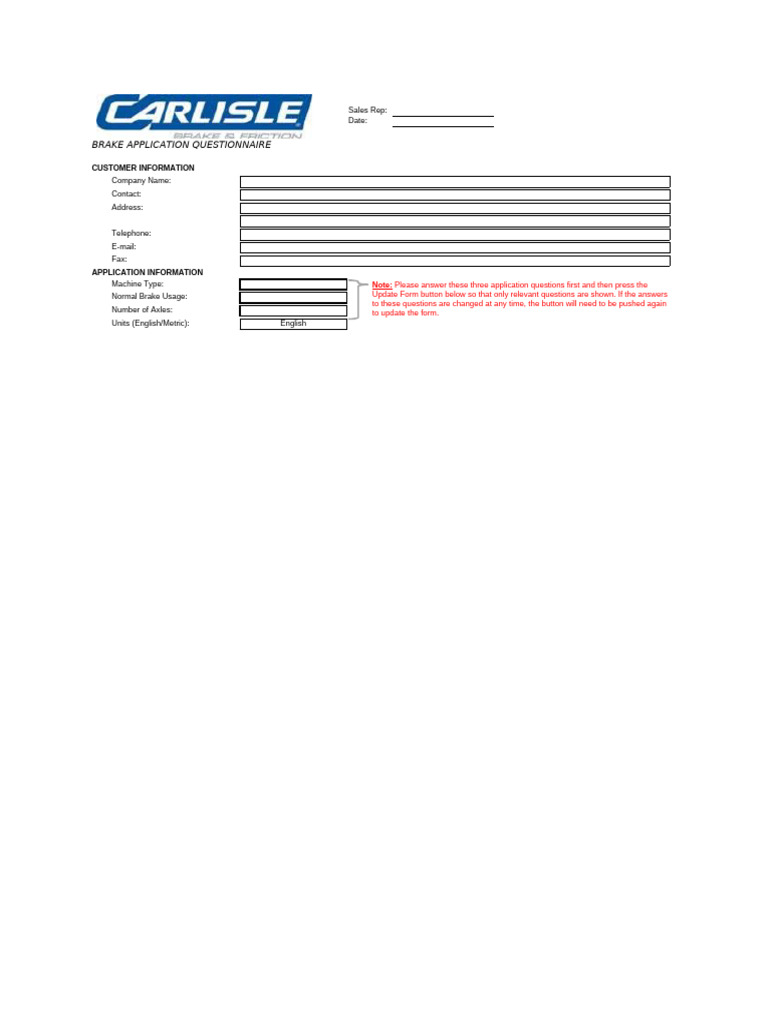 Brake Application Questionnaire Form | PDF | Axle | Brake