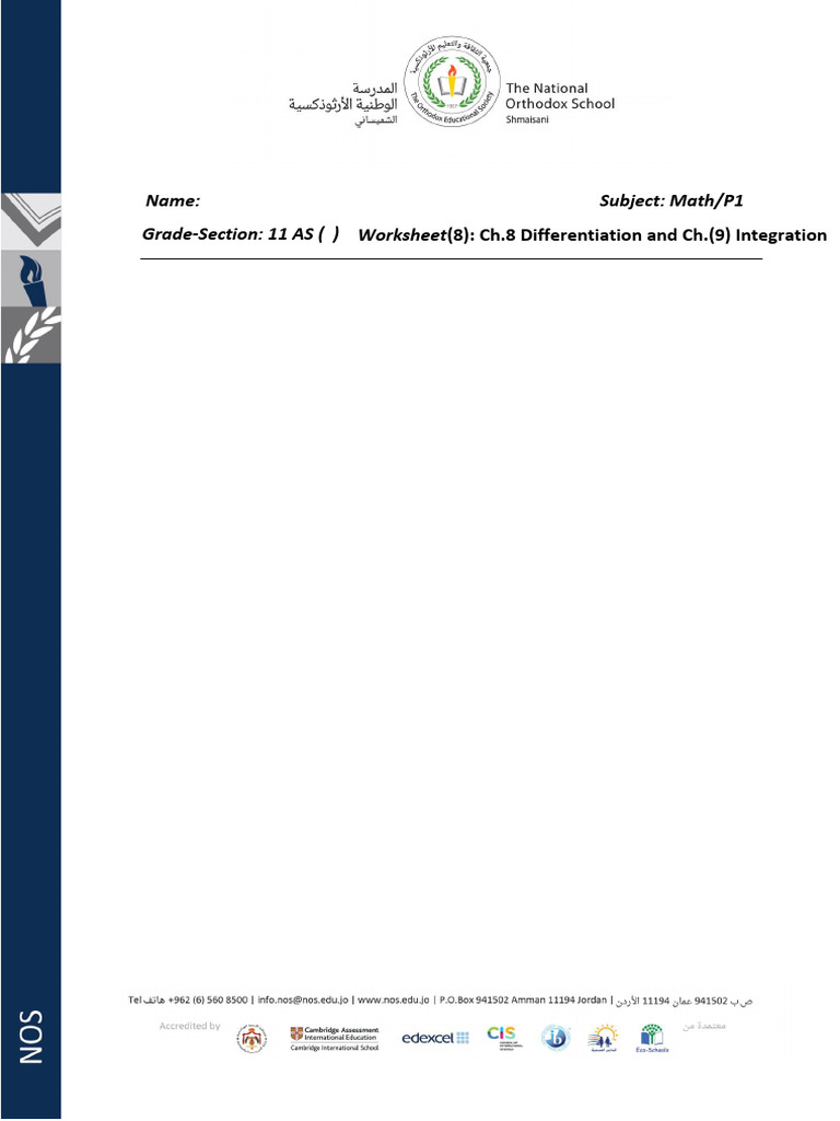 Worksheet 8 Differentiation and Integration | PDF | Equations | Mathematical Concepts