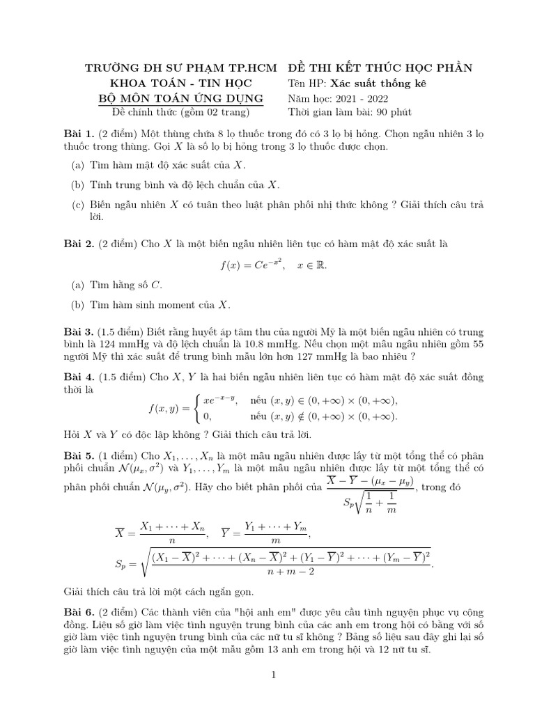 De Thi Xac Suat Thong Ke | PDF