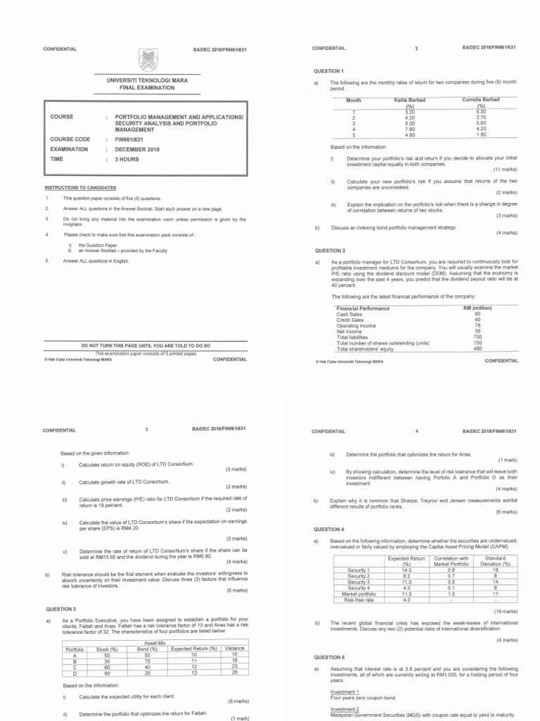 Dec 2018 - Session 1 - Degree - Fin661 - 631 PDF | PDF