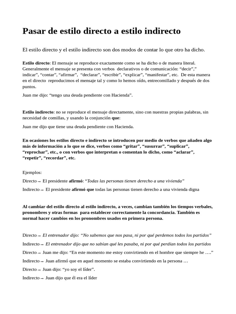 Transformaciones Gramaticales Estilo Directo e Indirecto | PDF
