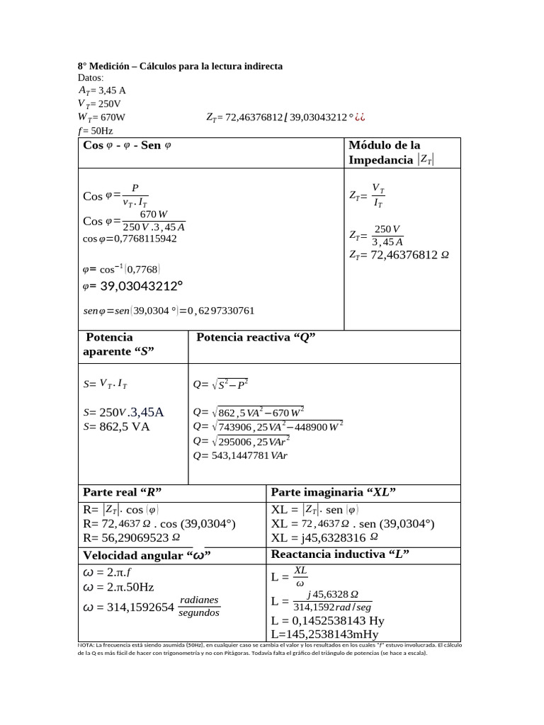 Cálculo de Impedancias, Ángulo Phi y Potencias N°8 TP4 | PDF ...
