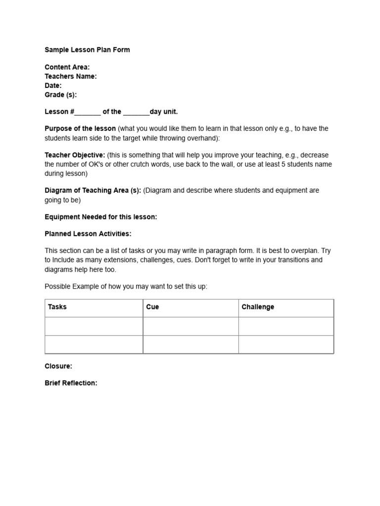Sample Lesson Plan Form | PDF