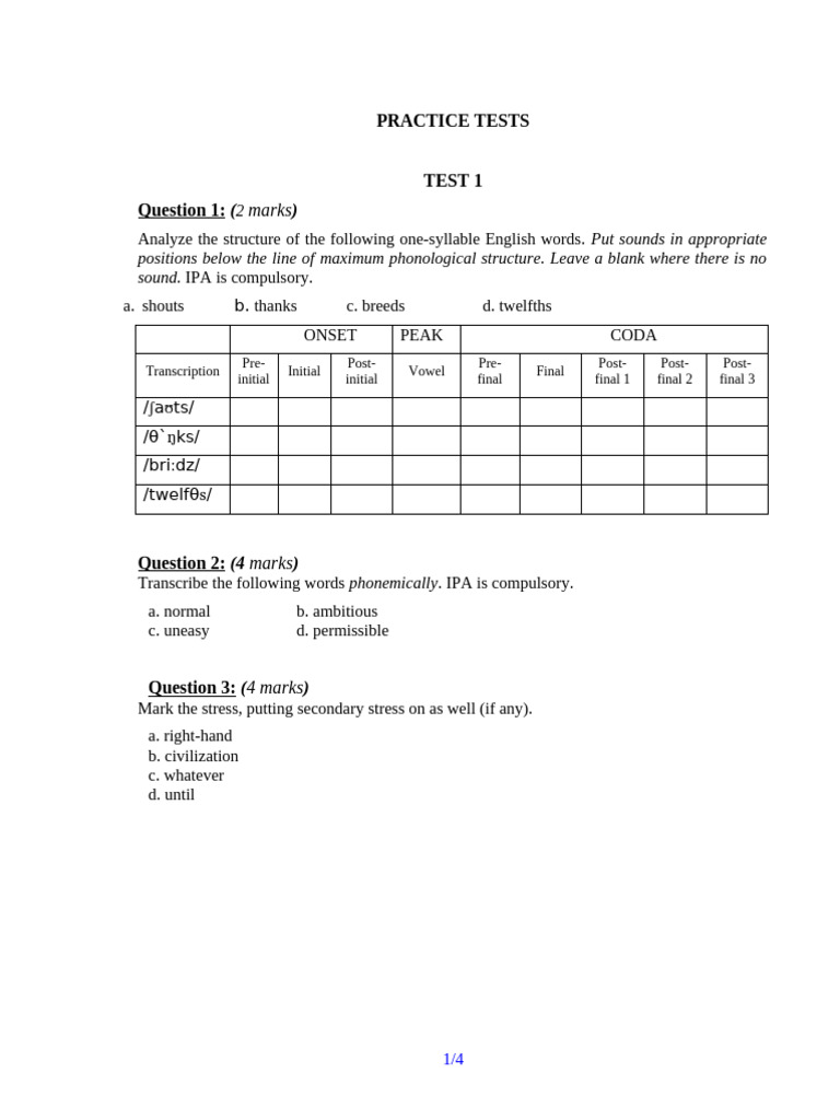 Practice Tests | PDF | Syllable | Linguistics