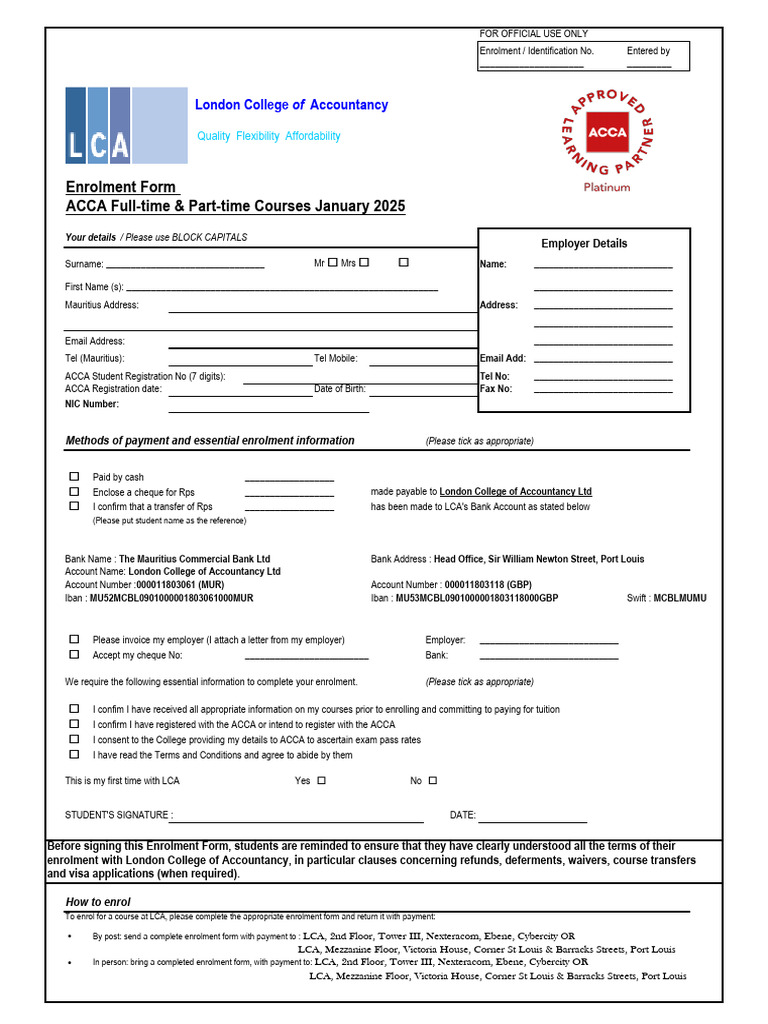 ACCA Course Enrollment Form 2025 | PDF