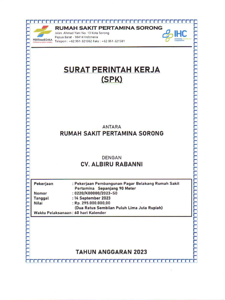 Kontrak Pembangunan Pagar RS Pertamina SRG THN 202320231114 - 21374748 | PDF