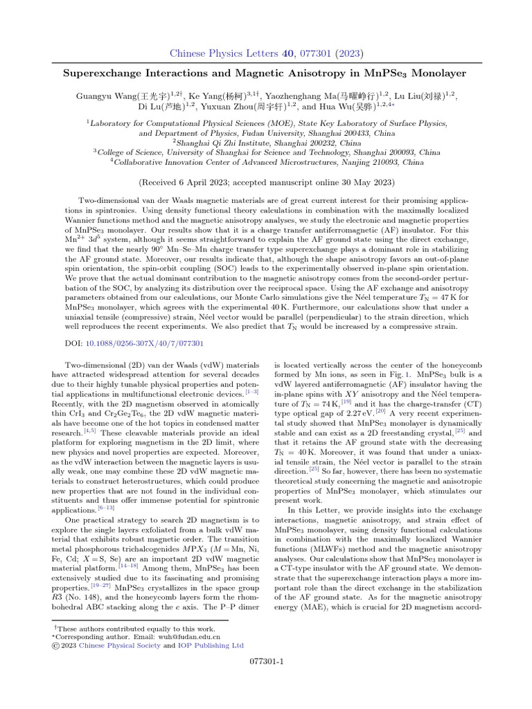 MnPSe3 Monolayer: Magnetic Anisotropy & Superexchange | PDF | Density ...