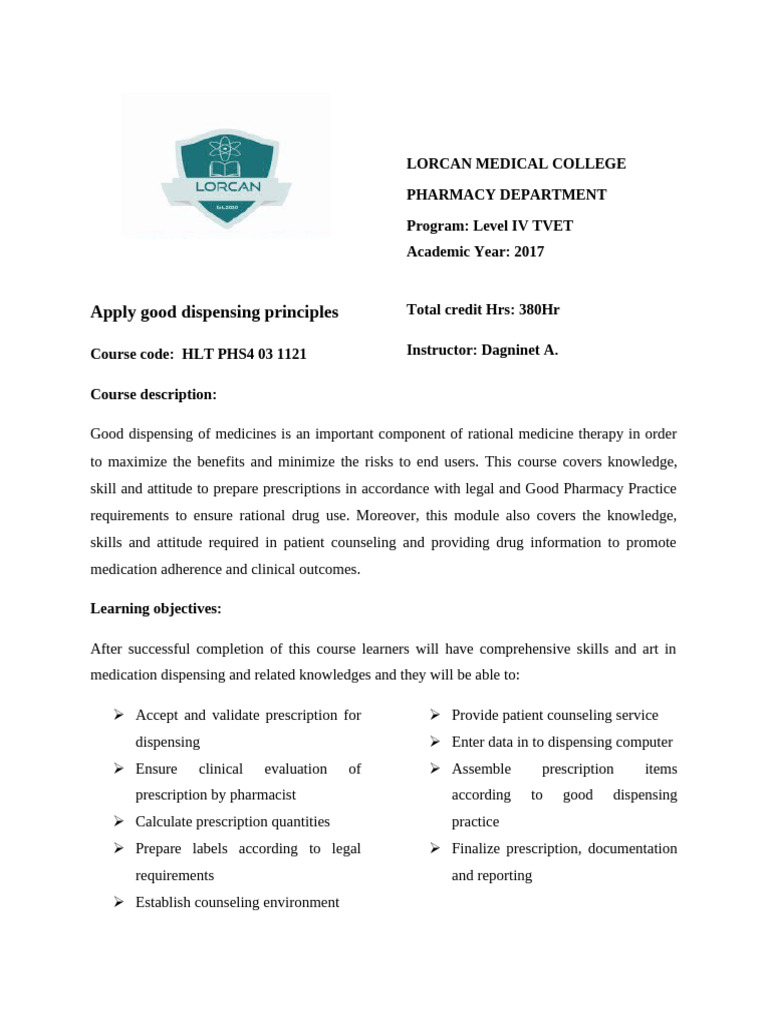 Course Outline | PDF | Medical Prescription | Pharmacy