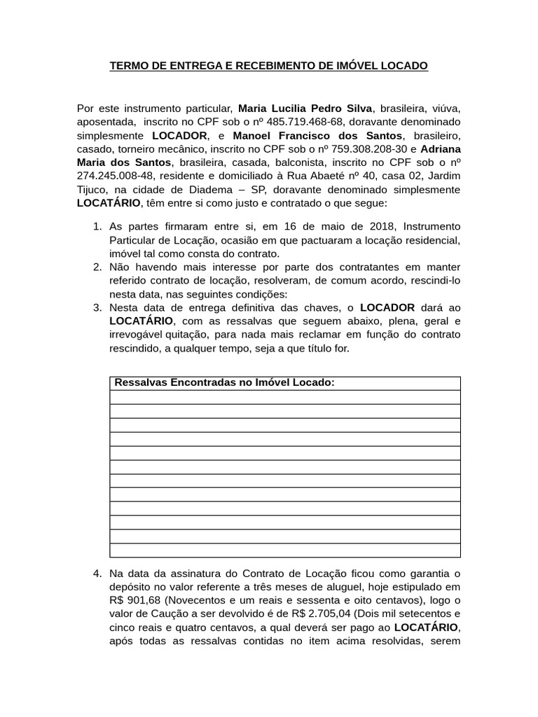 Termo de Entrega e Recebimento de Imóvel Locado | PDF | Aluguel