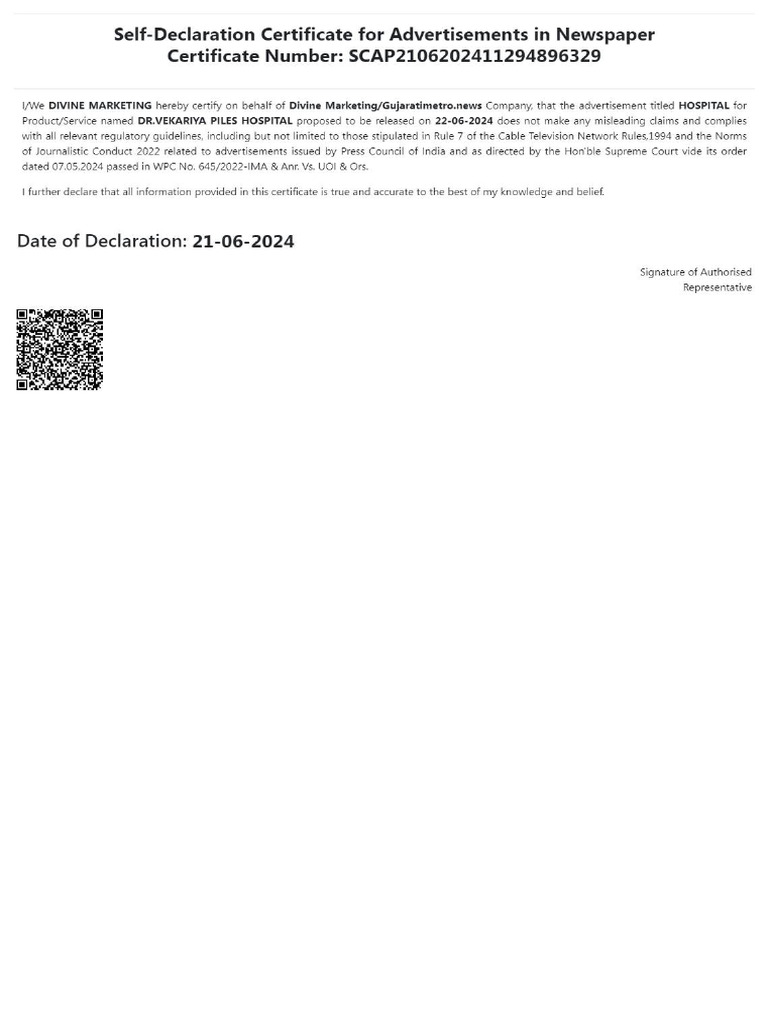 Self Declaration Certificate SCAP2106202411294896329 | PDF