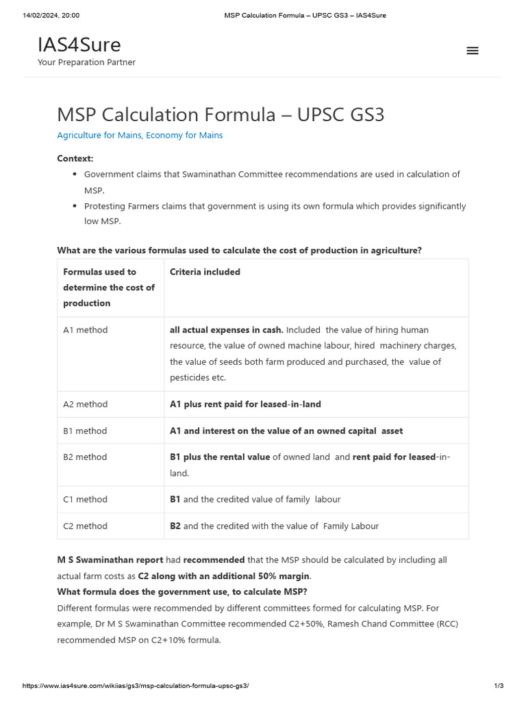 MSP Calculation Formula - UPSC GS3 - IAS4Sure | PDF | Multiple Choice ...