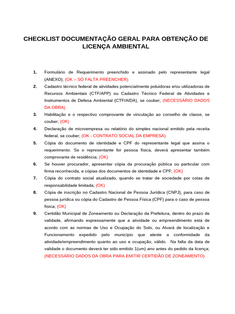Checklist Documentacao Geral para Obtencao de Licenca Ambiental Obra | PDF