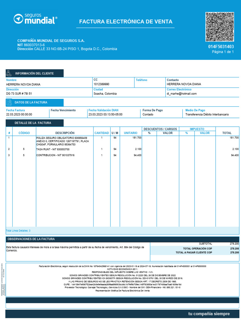 Factura Soat 352322 | PDF | Factura | Tecnología bancaria