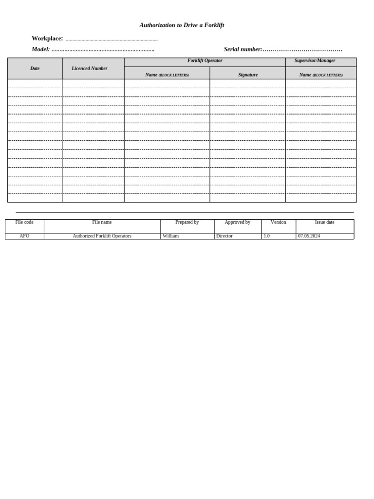 Forklift Operator Authorization Form | PDF