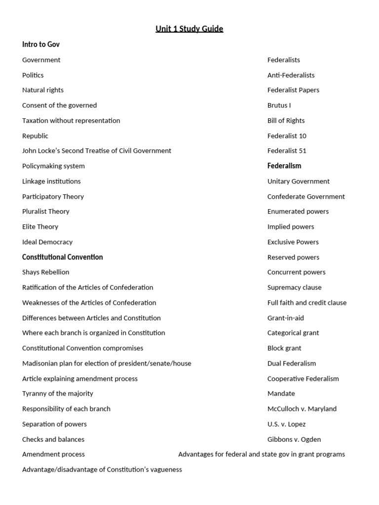 Unit 1 Study Guide | PDF | Federalism | Justice