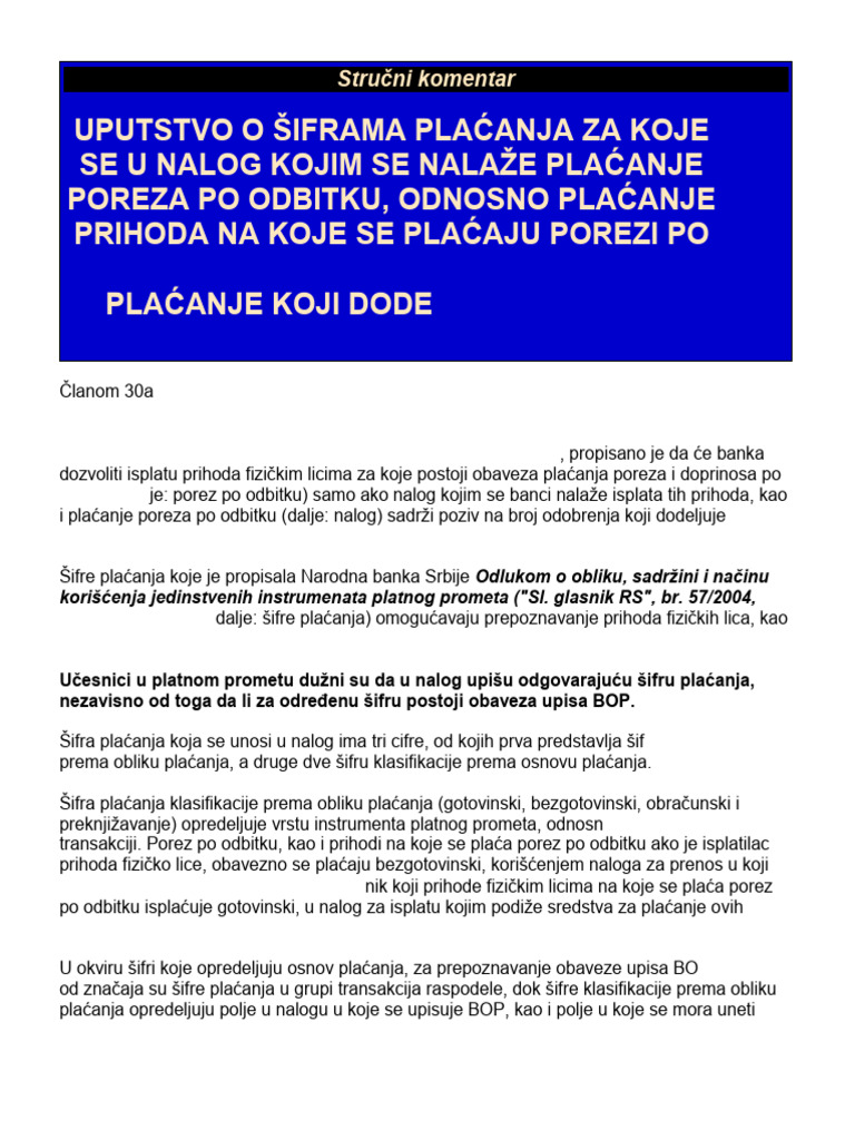 Uputstvo o Siframa Placanja Za Koje Se U Nalog Kojim Se Nalaze Placanje Poreza Po Odbitku ...