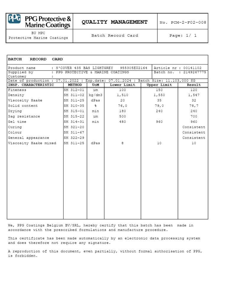 Quality Management: Batch Record Card | PDF