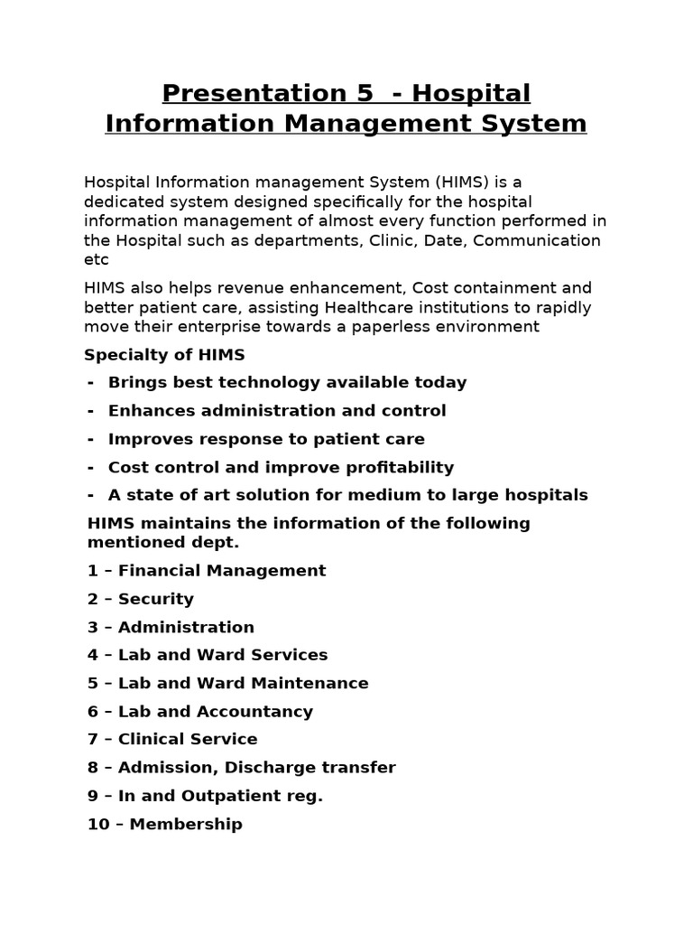 Presentation 5 - HIMS | PDF | Hospital | Patient