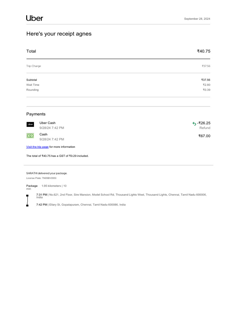 Uber Cash Receipt: Chennai Package Delivery | PDF