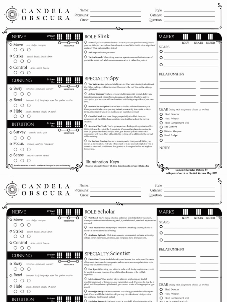 Candela Obscura - OddSquirrels Custom Character Options v1 | PDF