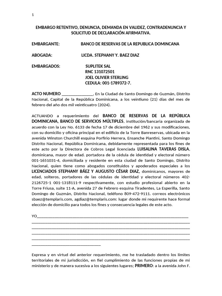 Embargo Retentivo, Denuncia, Demanda en Validez, Contradenuncia y ...