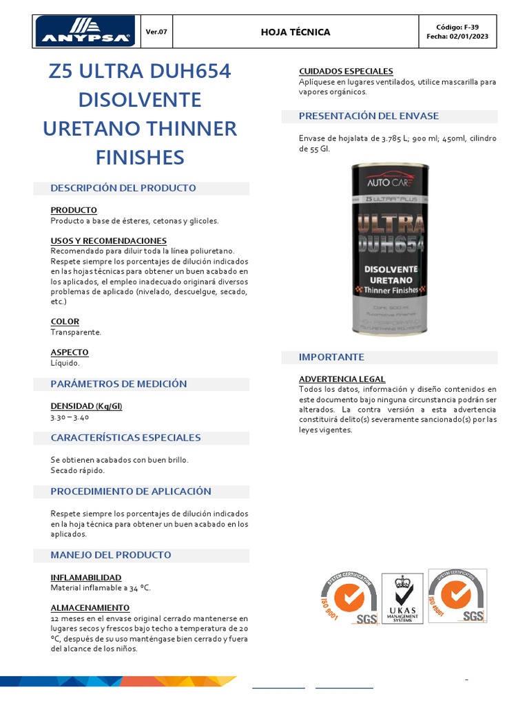 z5 Ultra Duh654 Disolvente Uretano Thinner Finishes | PDF | Poliuretano
