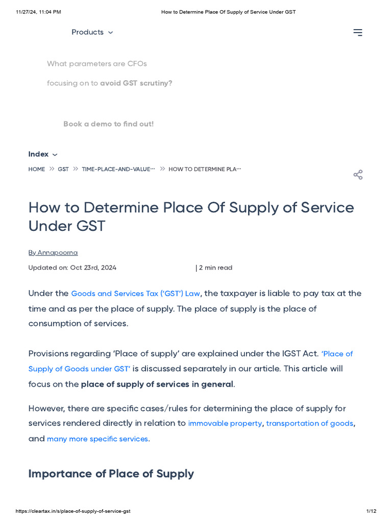 Determining Place of Supply Under GST | PDF | Taxes | Government