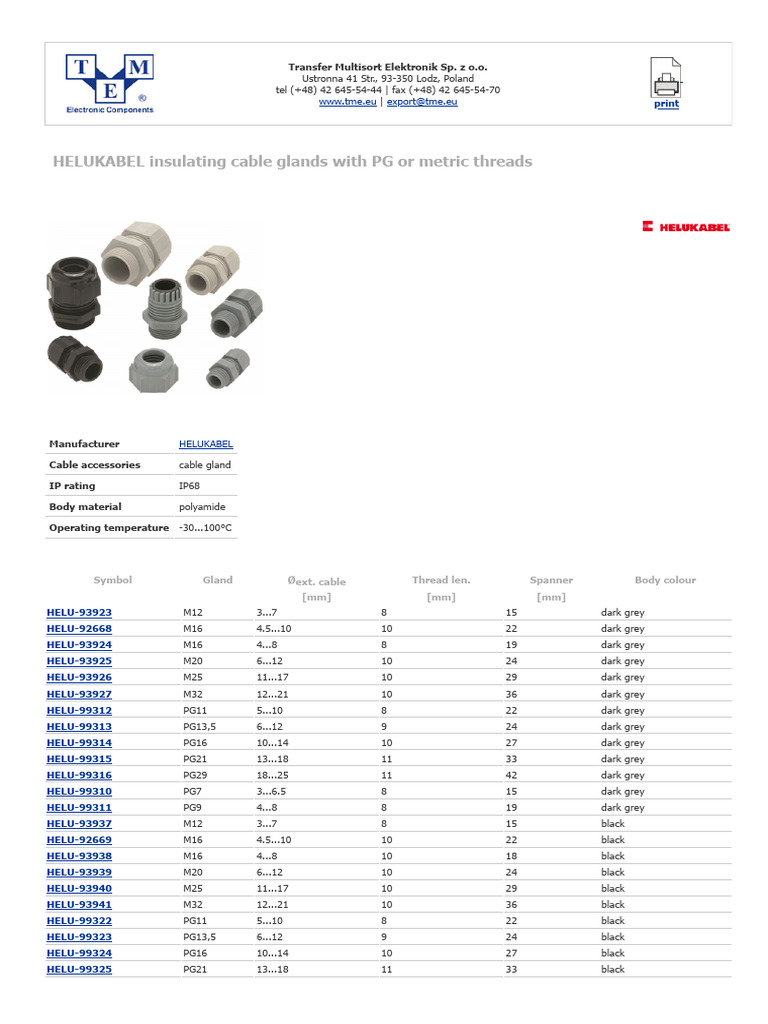 HELUKABEL Cable Glands Specifications | PDF