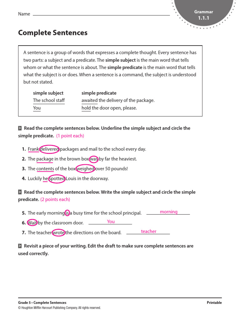 Grade 5 Grammar: Complete Sentences Guide | PDF | Subject (Grammar ...
