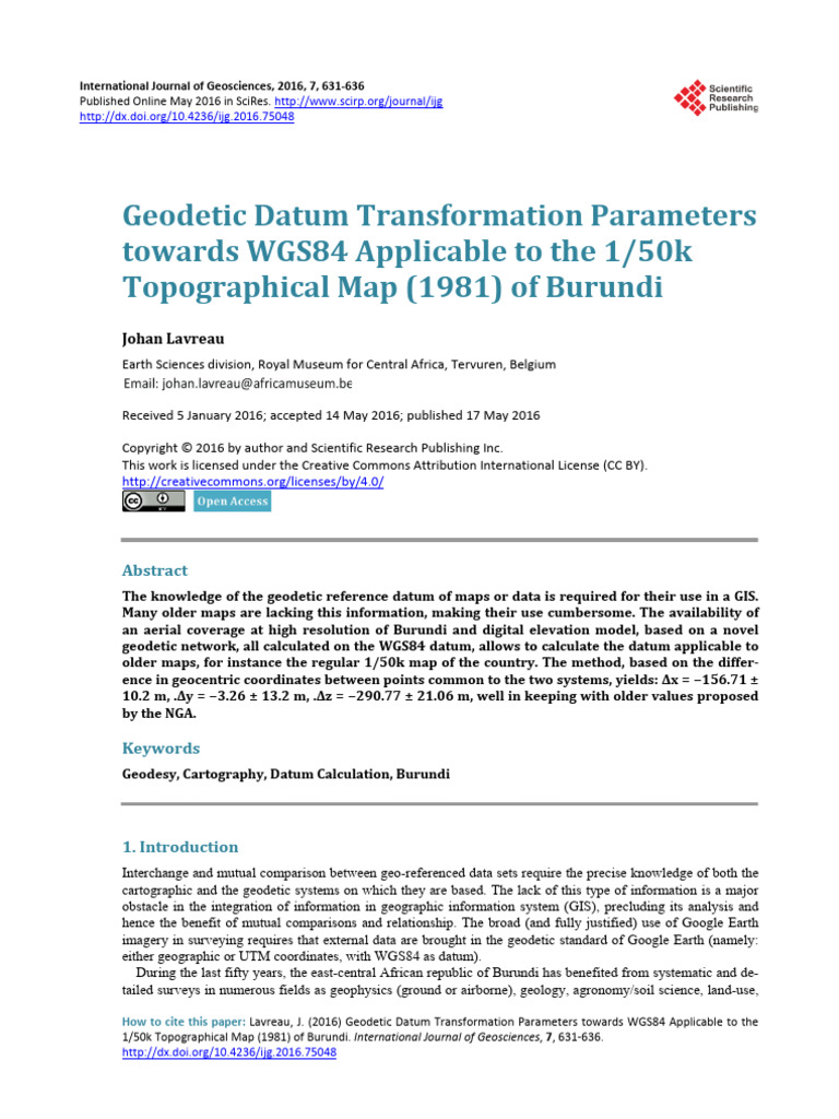 Geodetic Datum Transformation Parameters Towards Wgs84 Applicable To The 1 50k Topographical