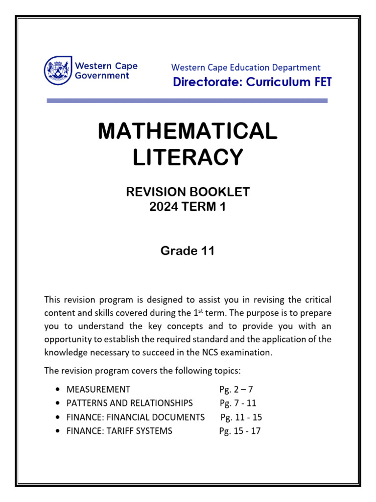 WCED Maths Lit Revision Booklet - Grade 11 Term 1 2024 QP | PDF | Banks ...