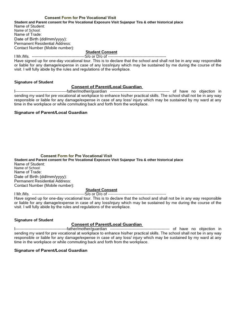 Pre Vocational Visit Consent Form | PDF