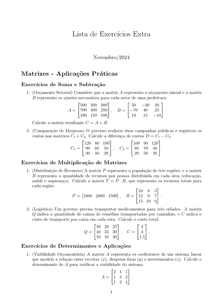 Lista de Exercicios Extra de Matrizes | PDF | Matriz (Matemática) | Determinante