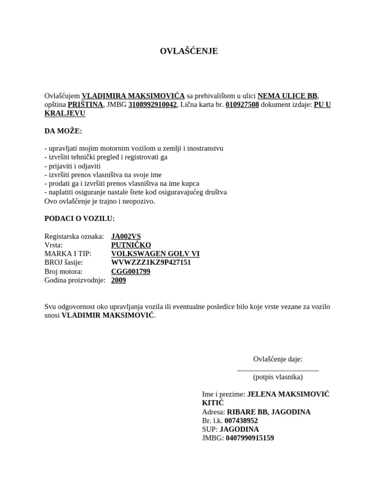 Ovlascenje Za Upravljanje Tudjim Vozilom | PDF