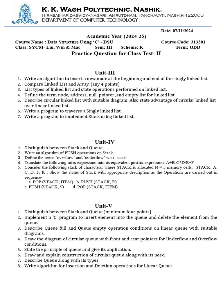 Updated Practice Questions For Msbte Class Test Ii Pdf Queue Abstract Data Type Computing