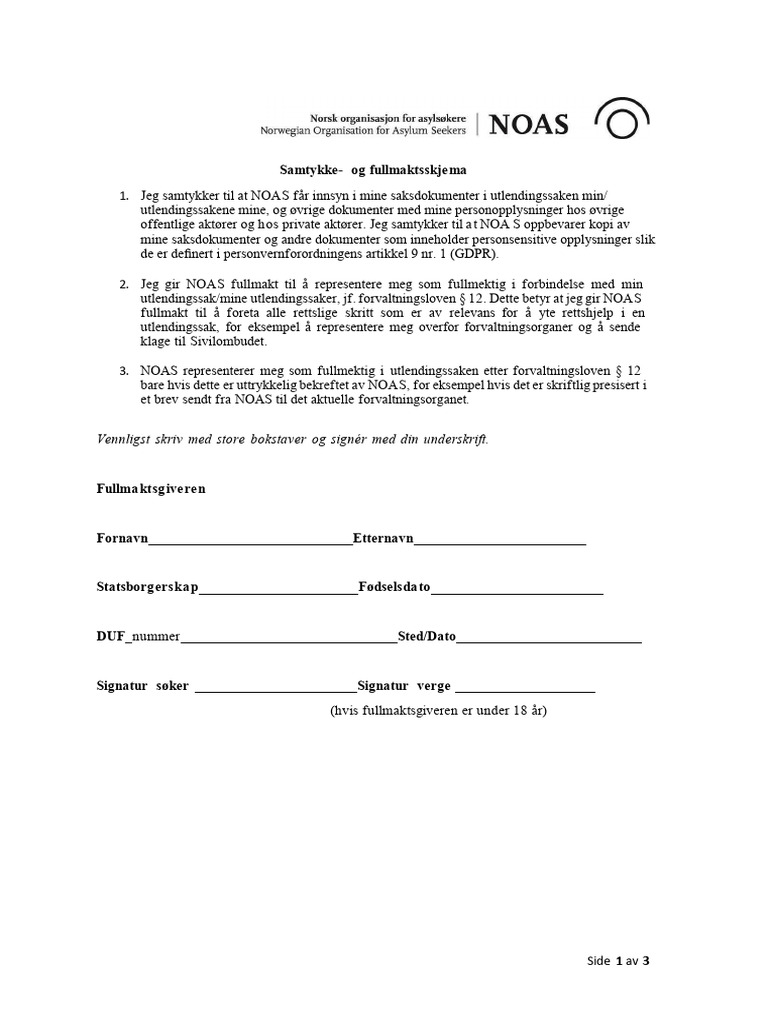 Samtykke Og Fullmaktsskjema. Oppdatert September 2024 PDF | PDF