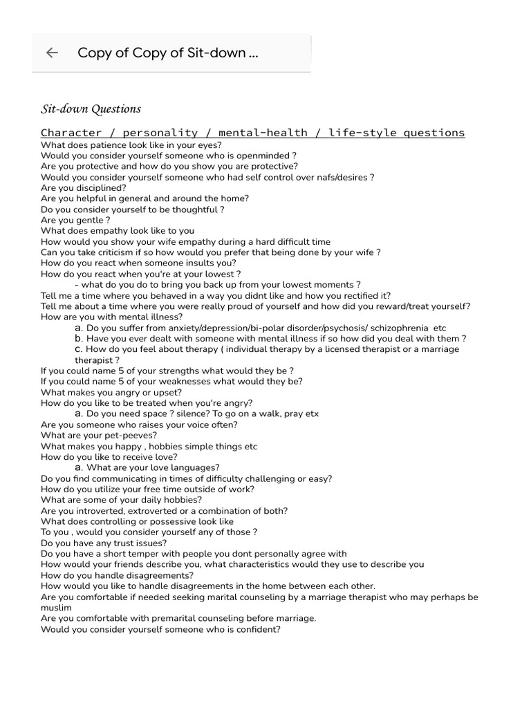 Copy of Sit-Down Questions | PDF | Marriage | Psychotherapy