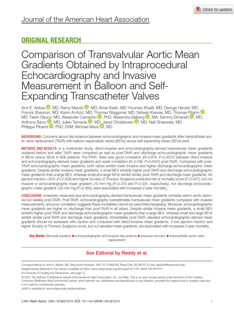 Comparison of Transvalvular Aortic Mean Gradients Obtained by ...