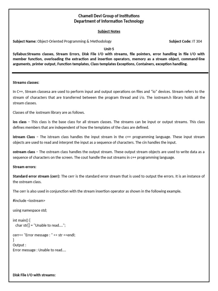 IT 304 OOPM Unit V - 1693892221 | PDF | C++ | Parameter (Computer Programming)