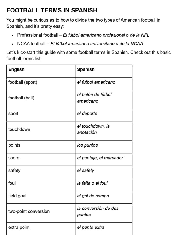 Vocabulario de Fútbol Americano en Español | PDF | fútbol americano ...