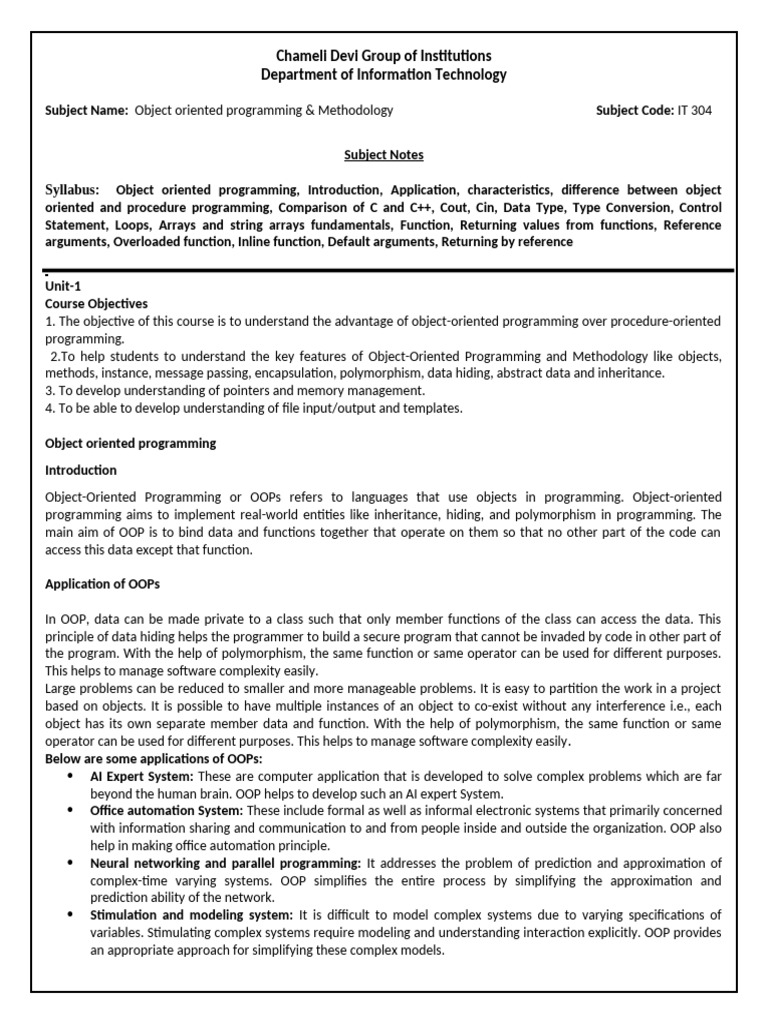 IT 304 OOPM Unit I - 1693892187 | PDF | Object Oriented Programming | Class (Computer Programming)