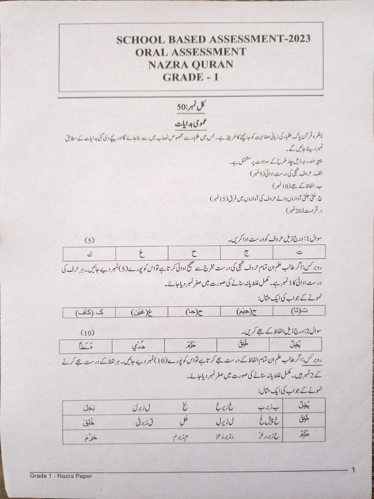 Class 1 (Nazra, Eng, Urdu, Math, Isl, Gen Know) | PDF