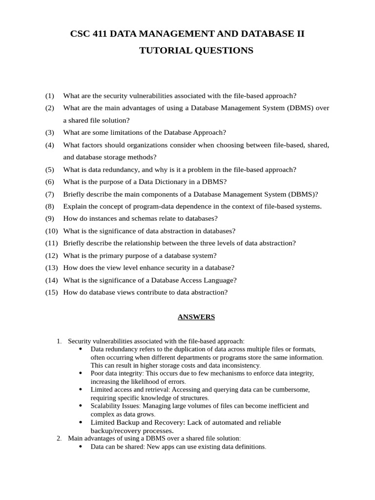 Data Mgt And Database Ii Tutorial Questions And Answers Pdf Databases Abstraction 5140