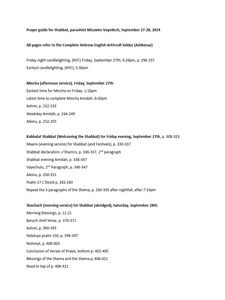 Shabbat Prayer Schedule - September 27 2024 | PDF | Jewish Prayer ...