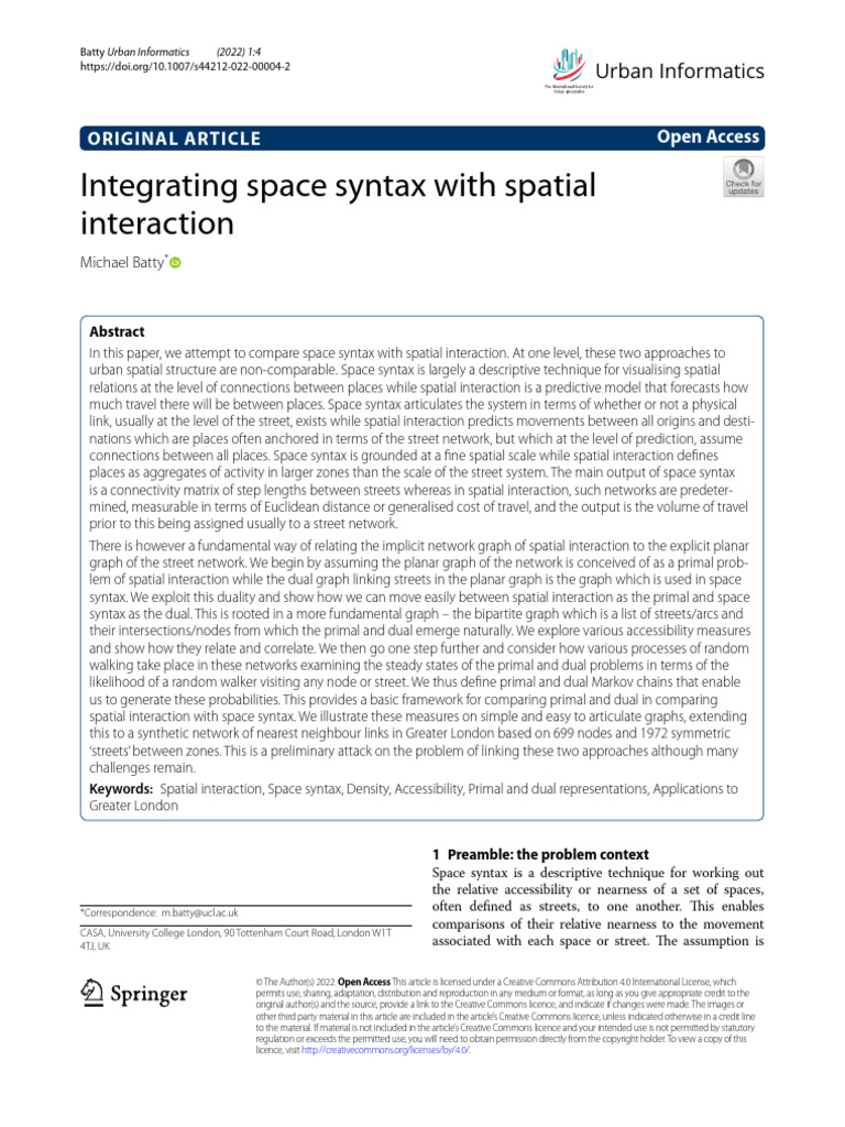 Integrating Space Syntax With Spatial Interaction 2d9an43t Pdf Space Matrix Mathematics