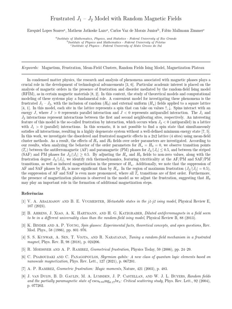Frustrated J1 - J2 Model With Random Magnetic Fields | PDF | Phase ...