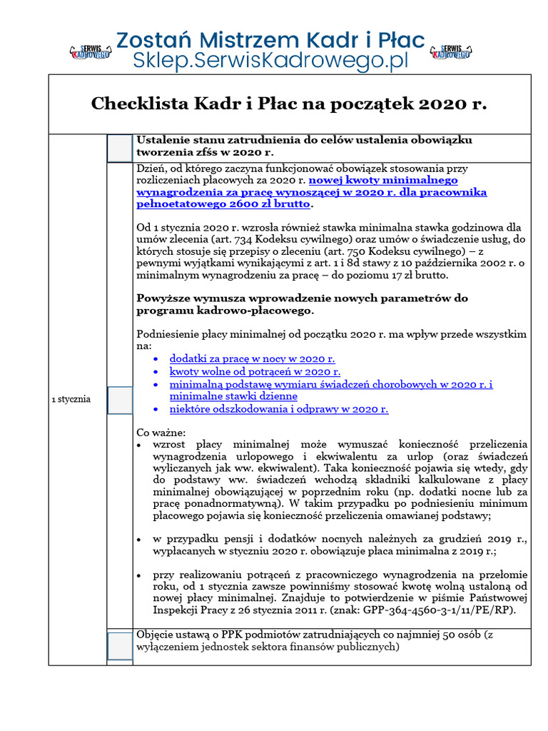 Checklista Kadr I Płac 2020 | PDF