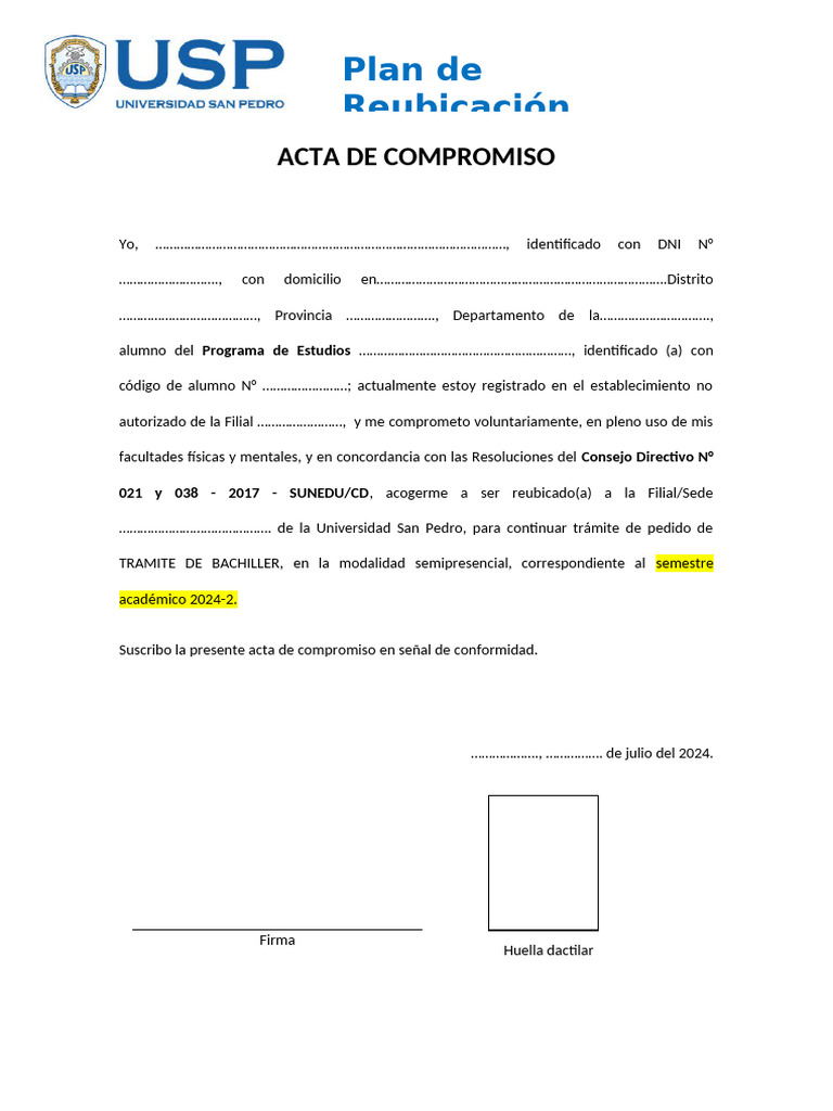Z.1.reubicación - Llenar.Acta Compromiso para Continuar Mis Estudios - REUBICACION | PDF