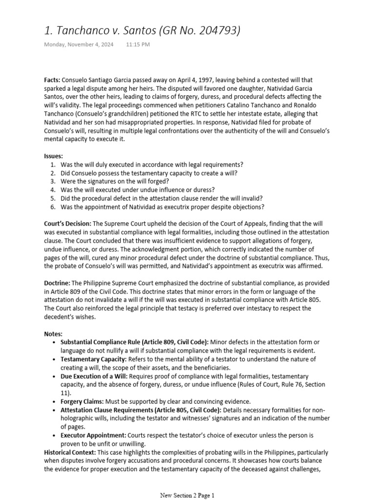 Contested Will Case: Tanchanco v. Santos | PDF | Will And Testament ...