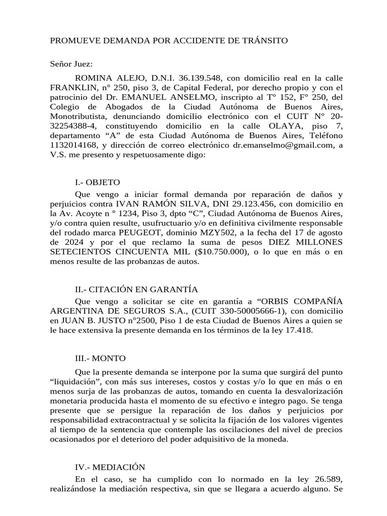 Demanda Por Danos y Perjuicios - Accidente de Transito | PDF | Daños y perjuicios